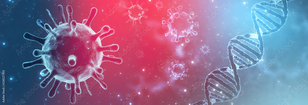 DNA chain and coronavirus Covid-19. Abstract medical background ...
