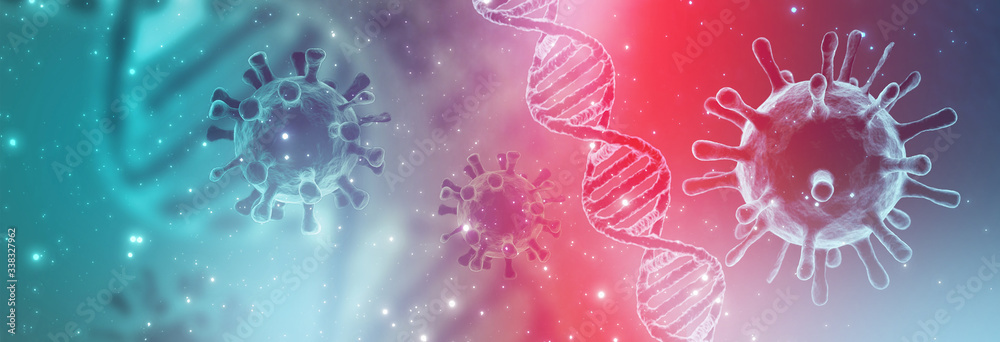 DNA chain and coronavirus Covid-19. Abstract medical background ...