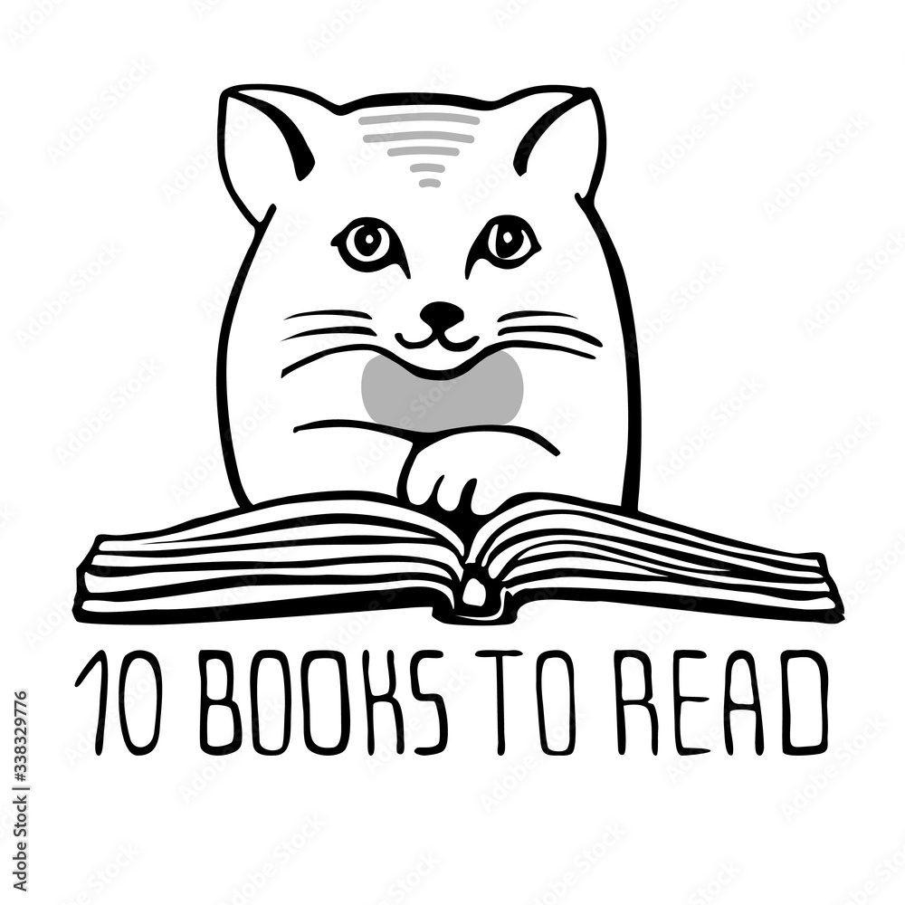 Cat reading a book. Vector illustration. Ten books to read. Ink drawing ...