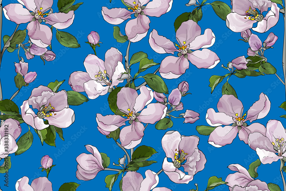 Floral seamless pattern with branches, flowers cherry, blooming tree ...