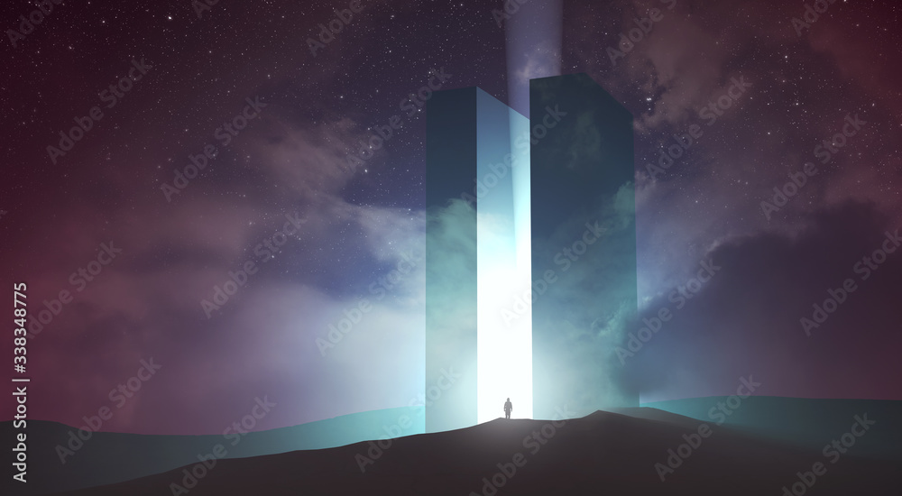 light coming out of magical gate in dark surreal landscape, 3d ...