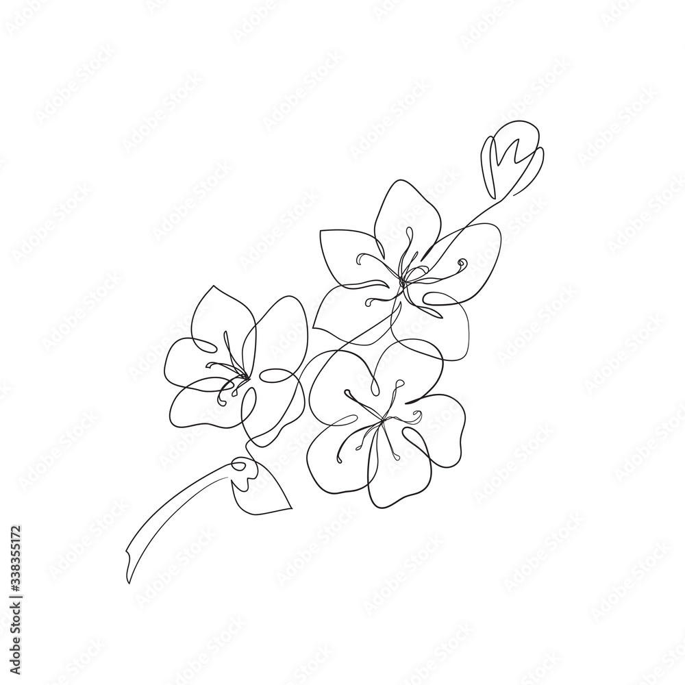 Hand drawn cherry blossom. Sakura branch with flower line art. Blooming ...