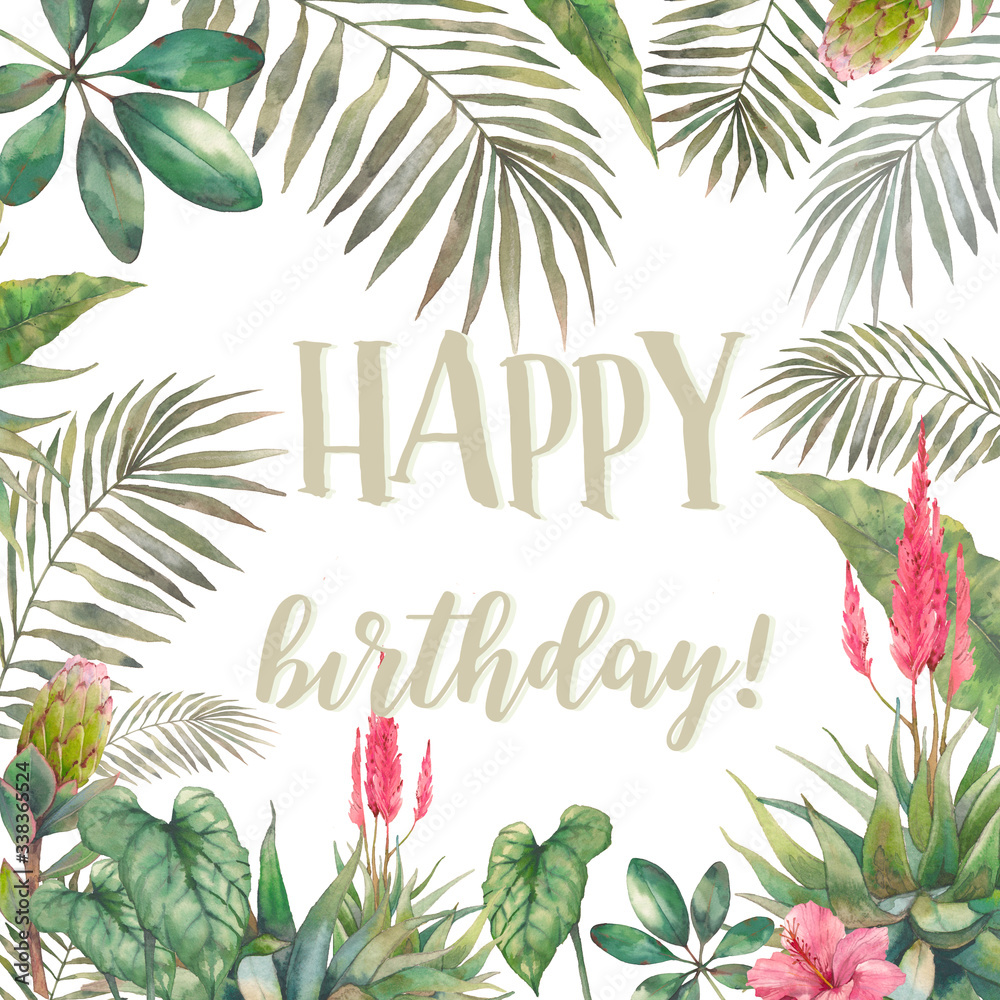 Watercolor happy birthday card in tropical style. Greeting design with ...