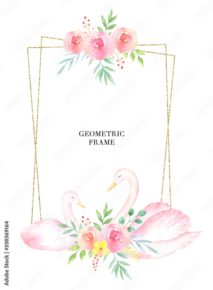 Gold Frame with Pink Swans Stock Illustration | Adobe Stock