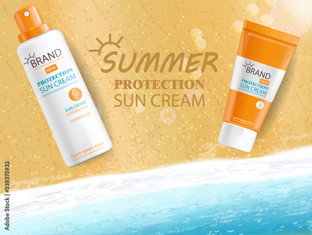 Sun cream bottle realistic isolated, sea background,tropical banner ...