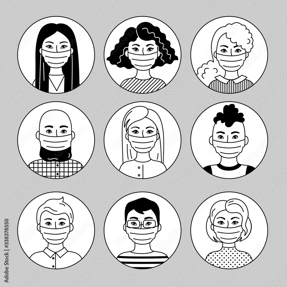 People Wearing Face Mask, Men And Women, Different Nationalities. Set ...
