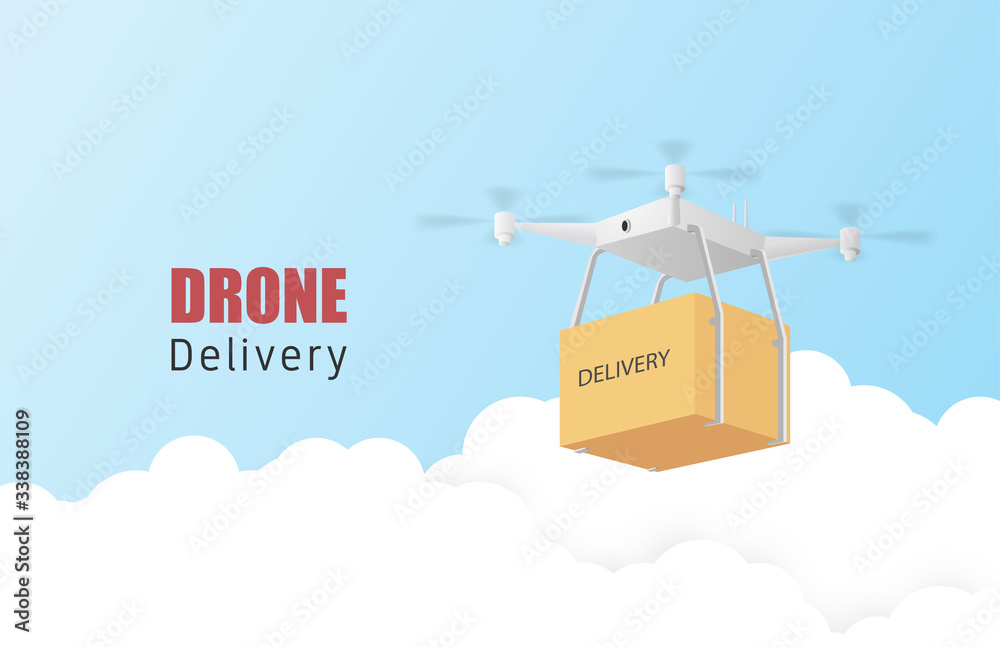 Drone delivery concept poster or banner with Drone transporting parcels ...