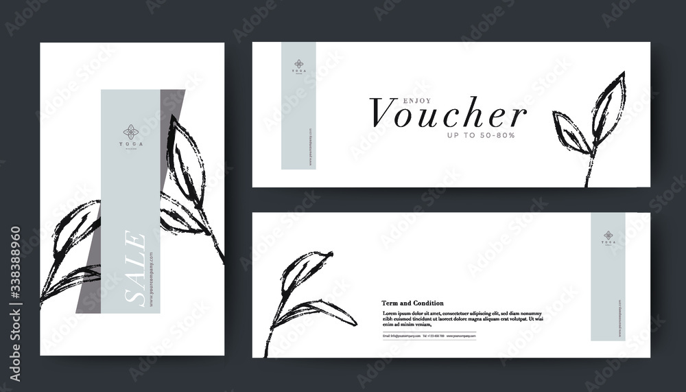Gift Voucher with clean minimal style. Line drawing Leaf white ...