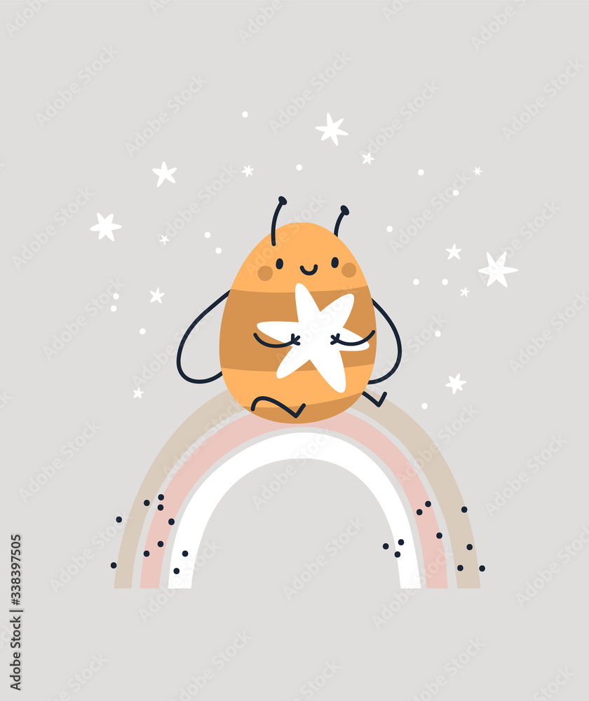 Little bee character with stars and rainbow. Bumblebee with star in ...