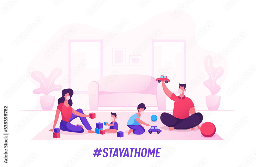 Family Characters with Kids in Masks Spend Time at Quarantine. Father ...