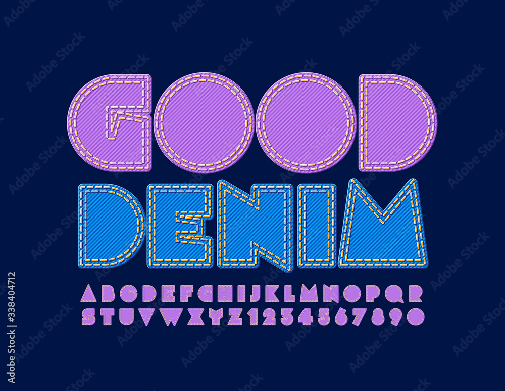 Vector Good Denim Alphabet Letters and Numbers. Violet Jeans Font with ...