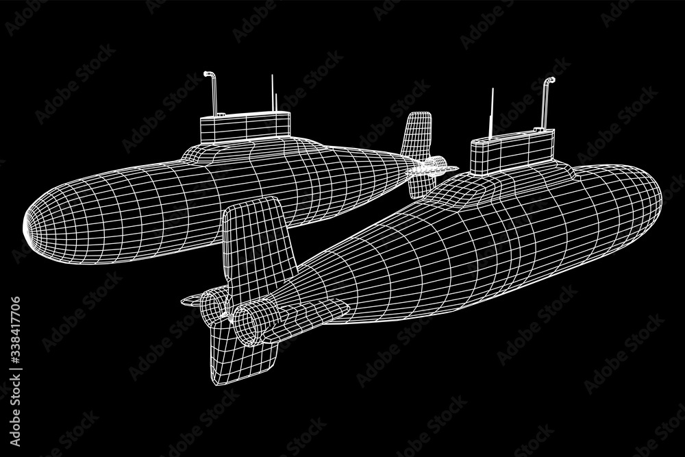 Military atomic submarine underwater boat. Wireframe low poly mesh ...