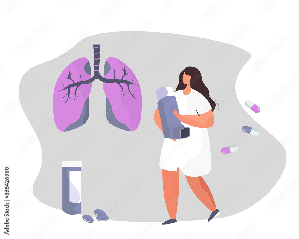 Nurse or Female Professional Doctor Carries Inhaler Near Huge Lungs ...