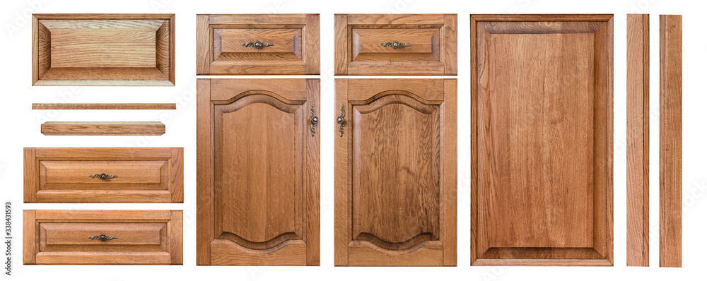 Kit of wooden elements from oak material. Object isolated on a white ...