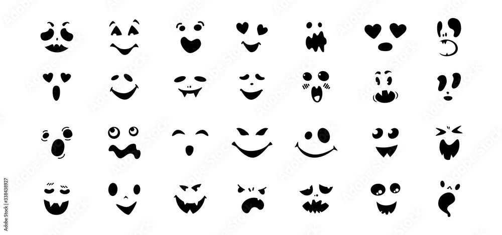 Scary and funny faces flat cartoon set. Halloween collection cute and ...
