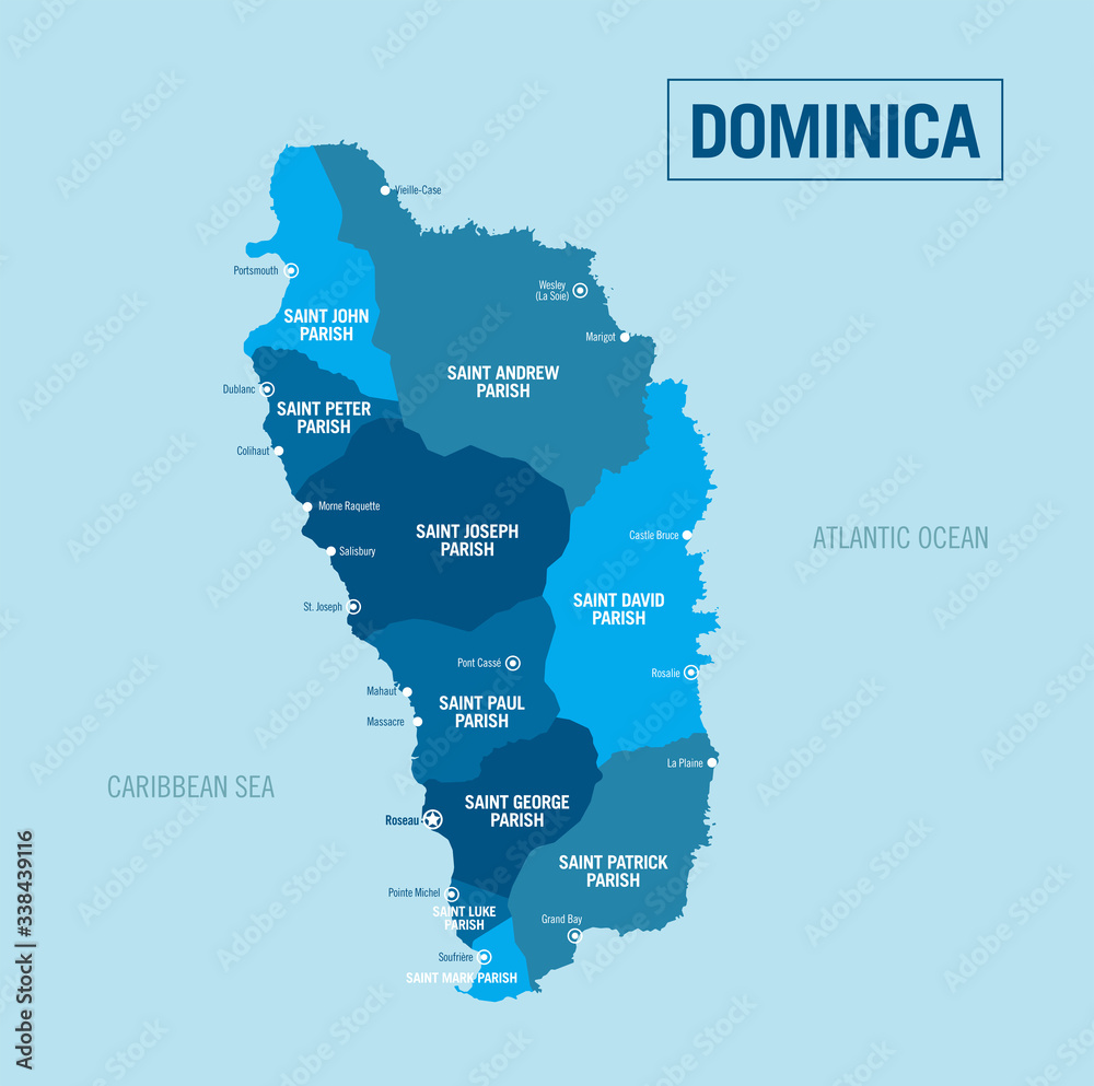Dominica country island political map. Detailed illustration with ...