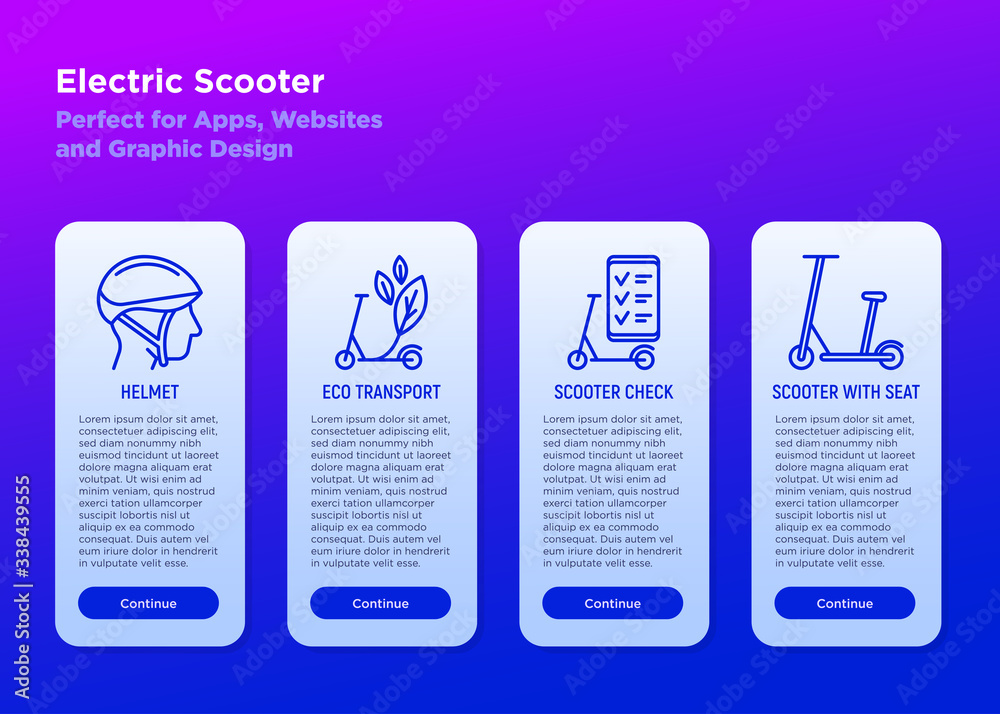 Electric scooter mobile user interface with thin line icons set: helmet ...