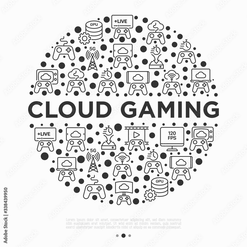 Cloud gaming concept in circle with thin line icons: play on laptop ...