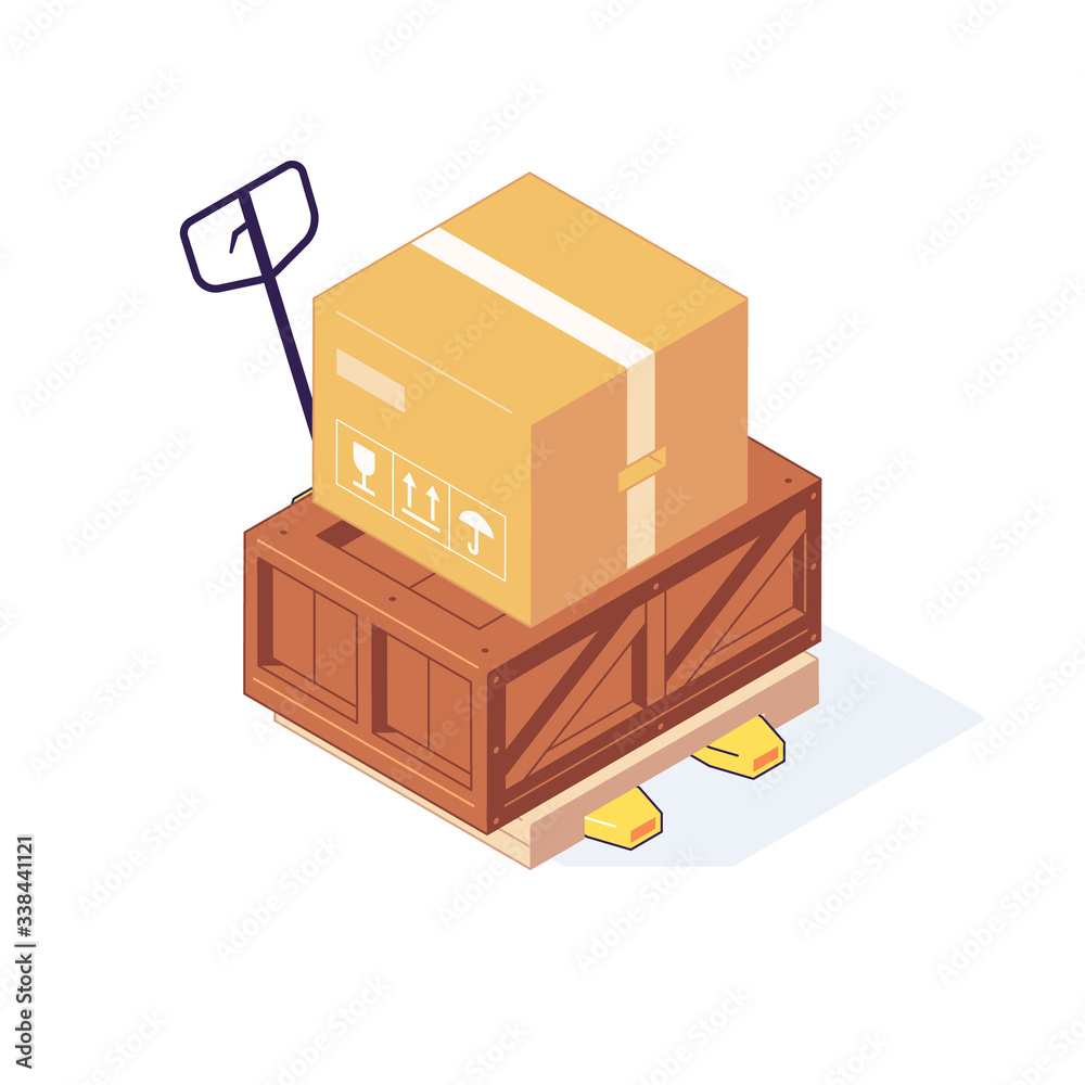 Isometric warehouse boxes pallets freights goods. 3d storage box pallet ...