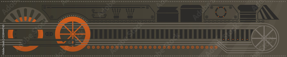 Abstract retro steam locomotive background with various mechanical ...