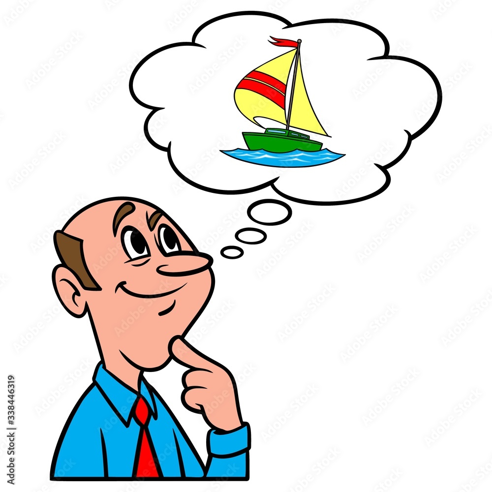 Thinking about a Sail boat - A cartoon illustration of a man thinking ...