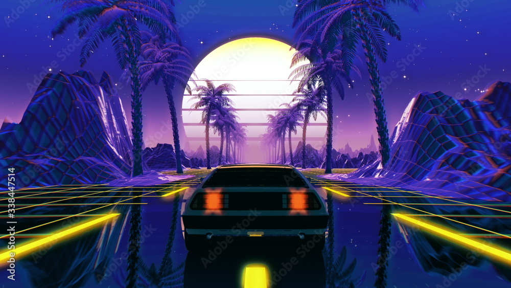 80s retro futuristic sci-fi 3D illustration with vintage car. Riding in ...