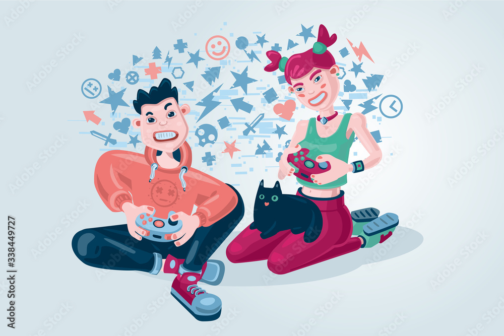 Friends gamers. Video game background. People holding a console game ...