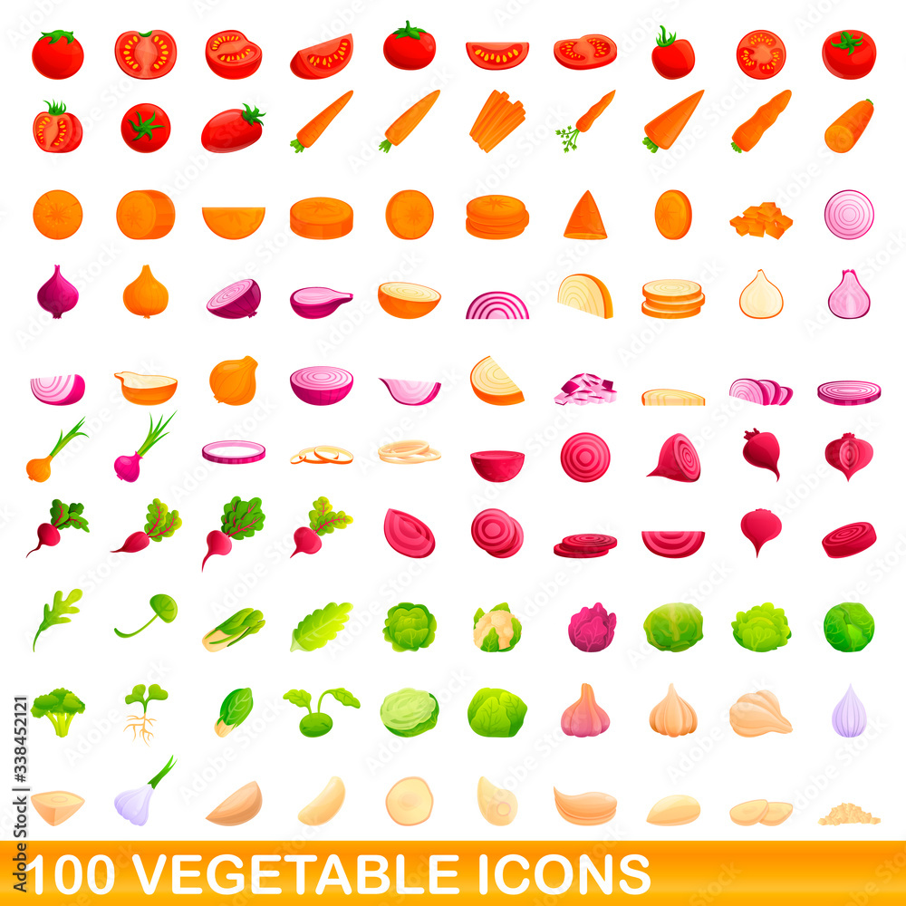 100 vegetable icons set. Cartoon illustration of 100 vegetable icons ...