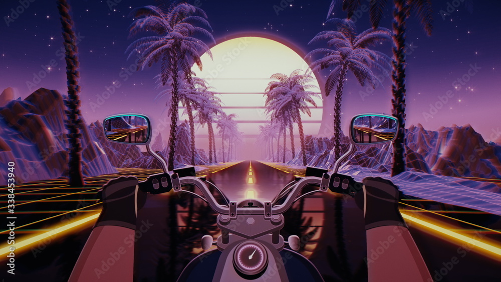 80s retro futuristic sci-fi background with motorcycle pov. Riding in ...