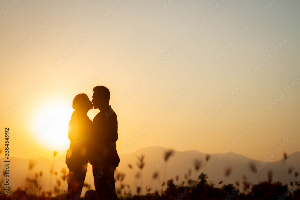 The shadow of a backlit couple who is kissing happily at sunset Stock ...