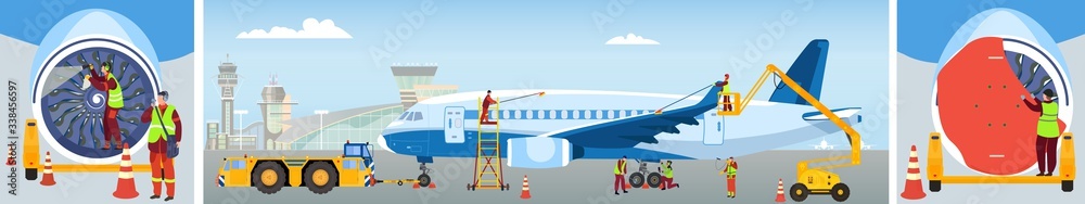 Vecteur Stock Aircraft maintenance, people clean plane at airport ...
