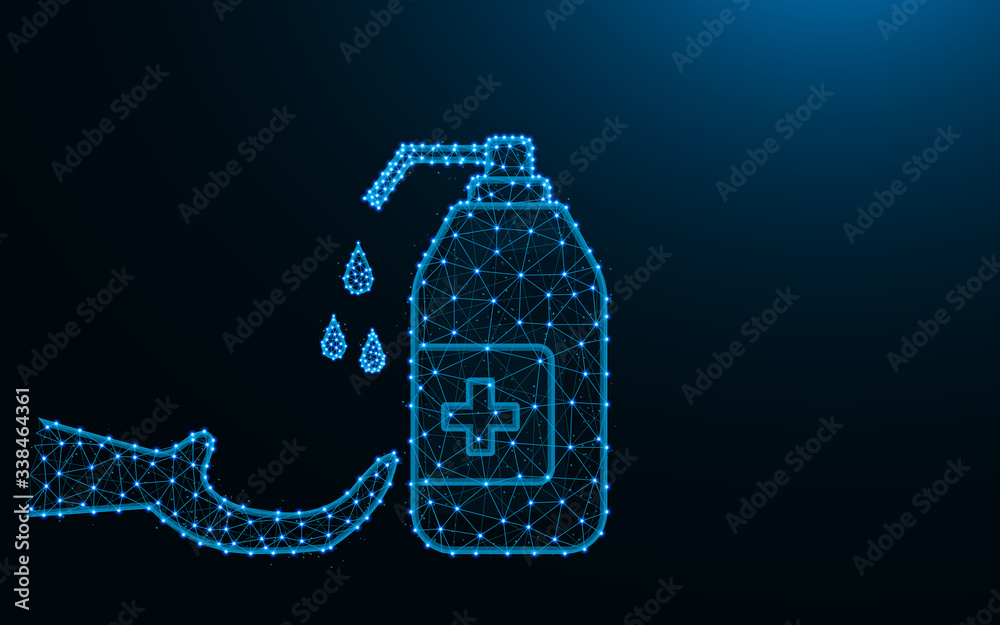 Disinfect hands made from points and lines on dark blue background ...