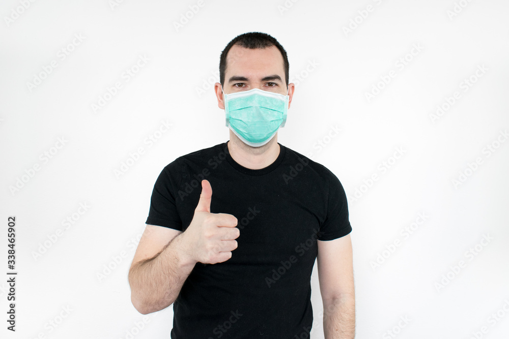 caucasian male man young. standat white background, wear mask on face ...