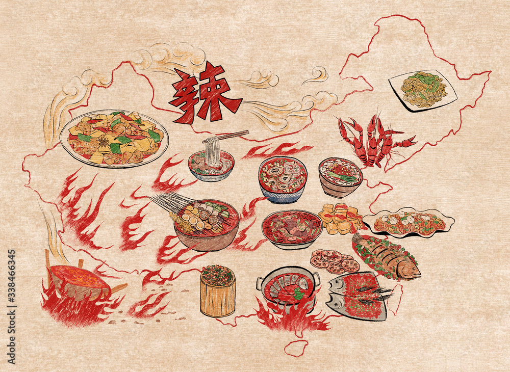 Watercolor illustration of famous Chinese spicy cuisine lay on map of ...