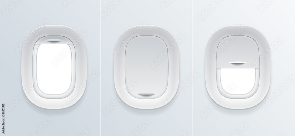 Realistic Detailed 3d Blank Airplane Window Template Mockup Set. Vector ...