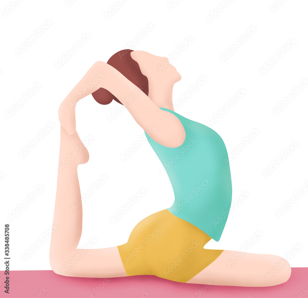 Digital hand drawn illustration of Pigeon Yoga Pose woman on floor art ...