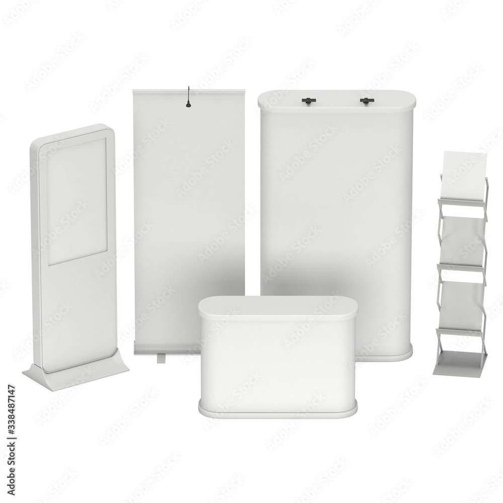 LCD Screen Floor Stand with Roll-Up Pop-Up and reception desk. Blank ...