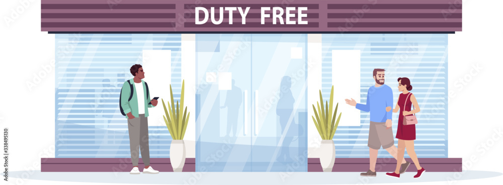 Duty free shop front semi flat vector illustration. People buy products ...