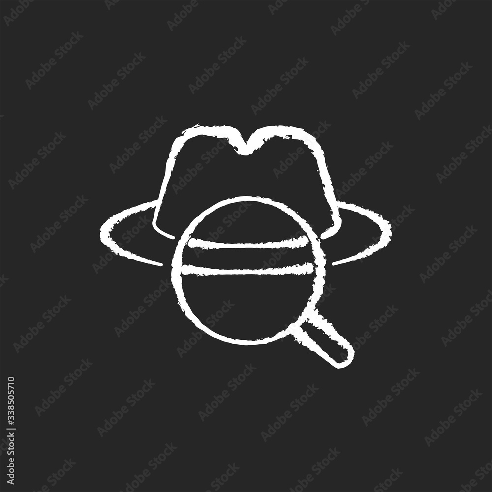 Detective chalk white icon on black background. Traditional movie genre ...