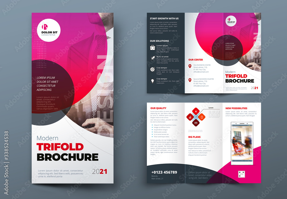 Red Pink Gradient Trifold Brochure Layout with Circles Stock Template ...