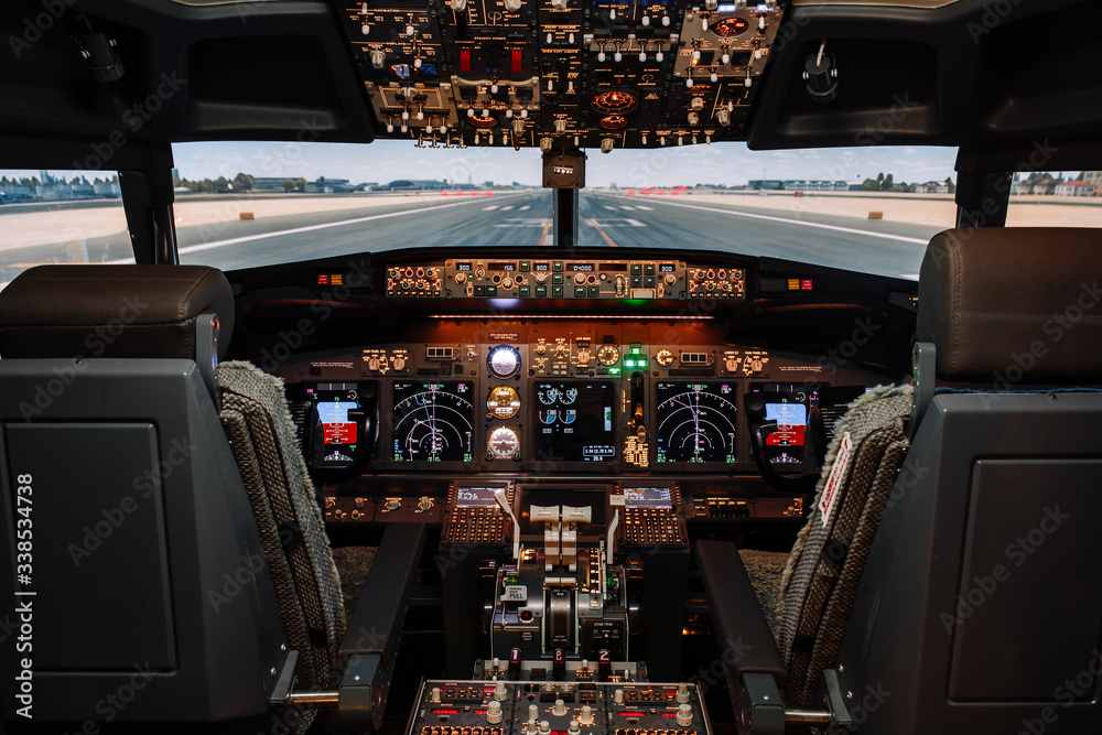 Poster Full view of cockpit modern Boeing aircraft before take-off ...