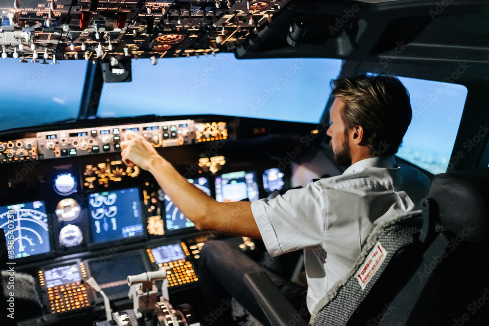 Close-up of engine controller. Disengage. Modern Boeing cockpit. His ...