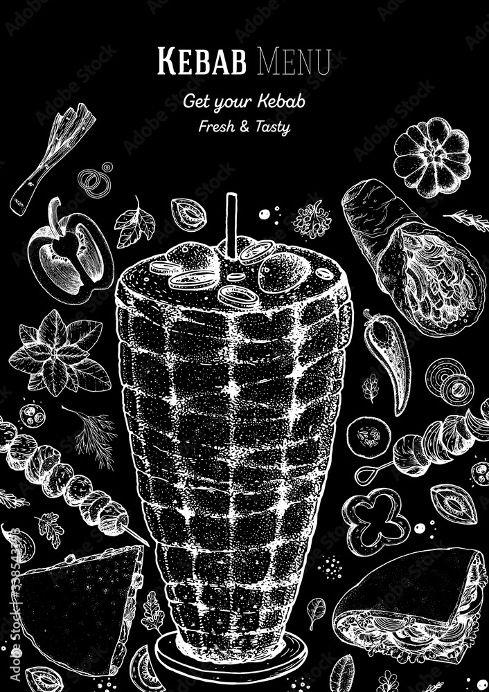 Doner kebab and ingredients for kebab, sketch illustration. Arabic ...