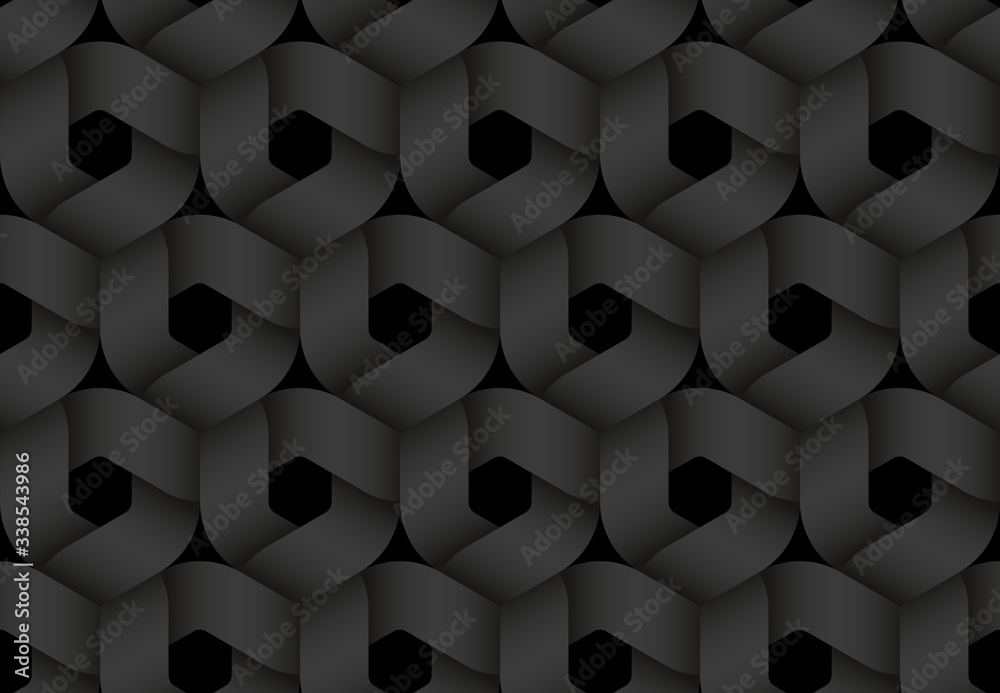 Black seamless pattern of hexagonal intertwined stripes. Vector dark repeating background ...