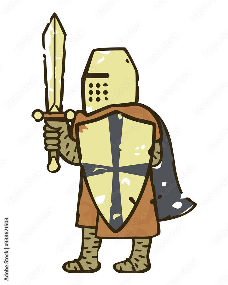 Stylized side view of a medieval Templar knight wielding a sword and a ...
