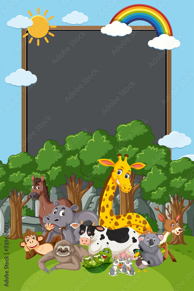 Border template design with many wild animals in background Stock ...
