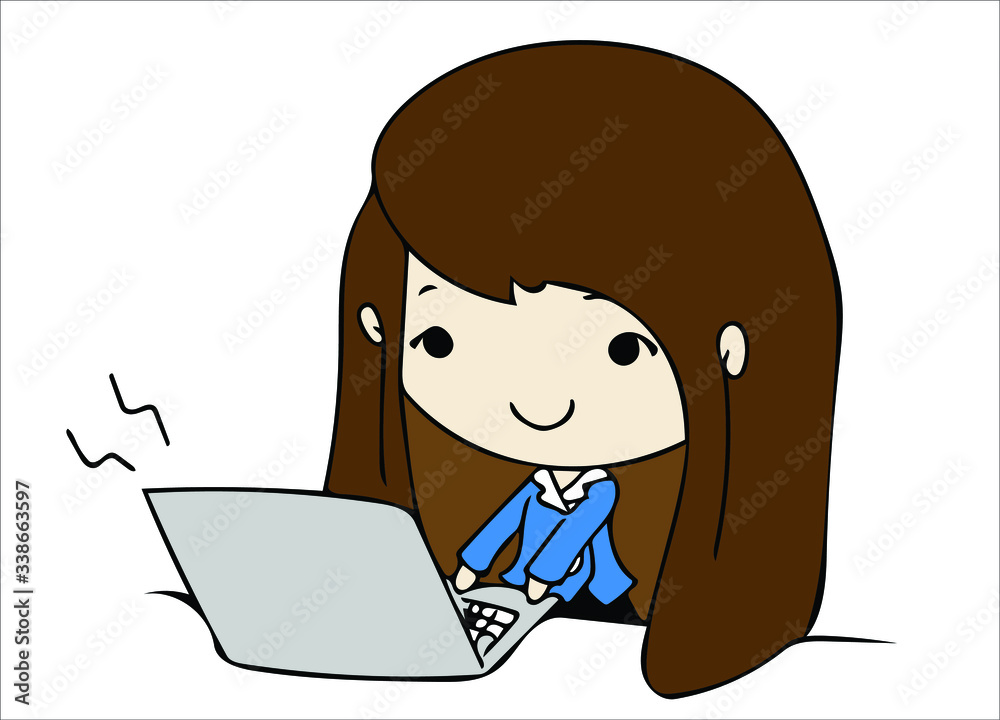 Young woman working on computer. Blue formal suit work clothes. Cartoon ...