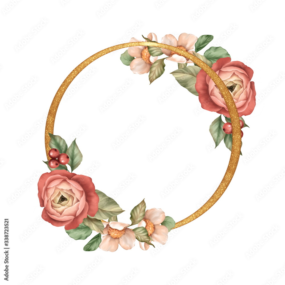 Gold round frame with flowers and leaves isolated on white Stock ...