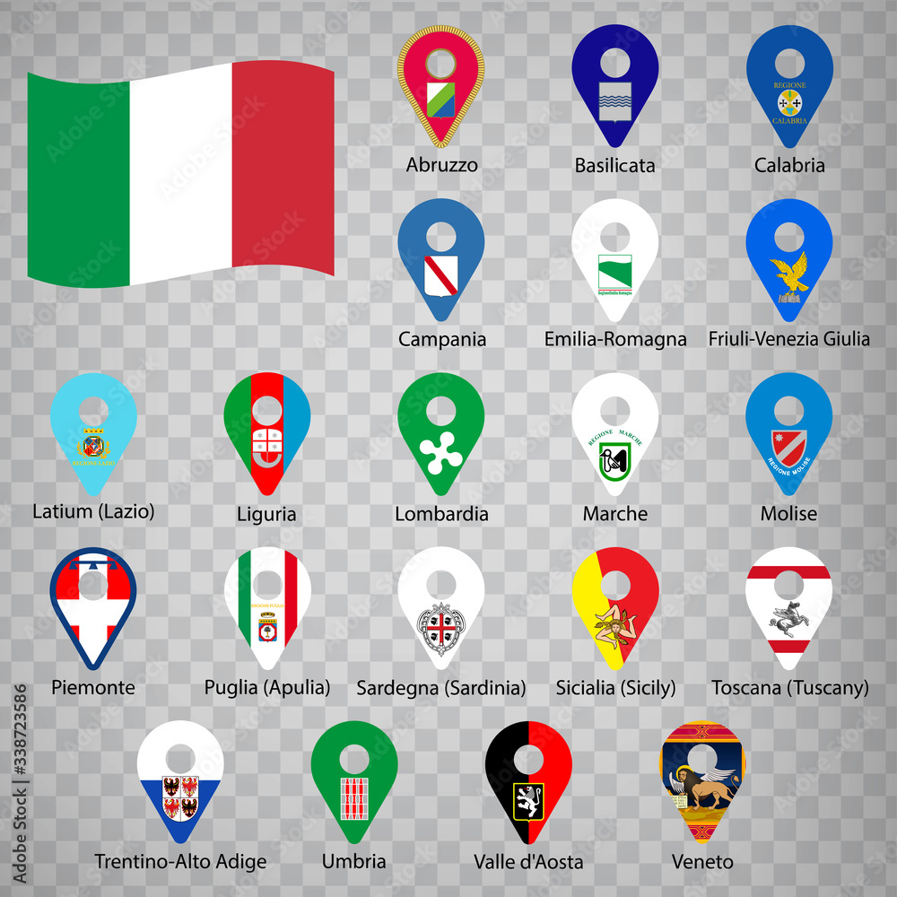Vecteur Stock Twenty flags of Italy - alphabetical order with name. Set ...
