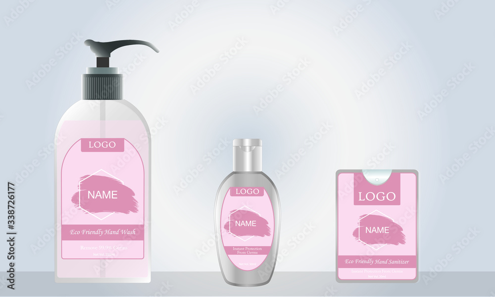 liquid soap and pocket hand sanitizer with label design ready for mock ...